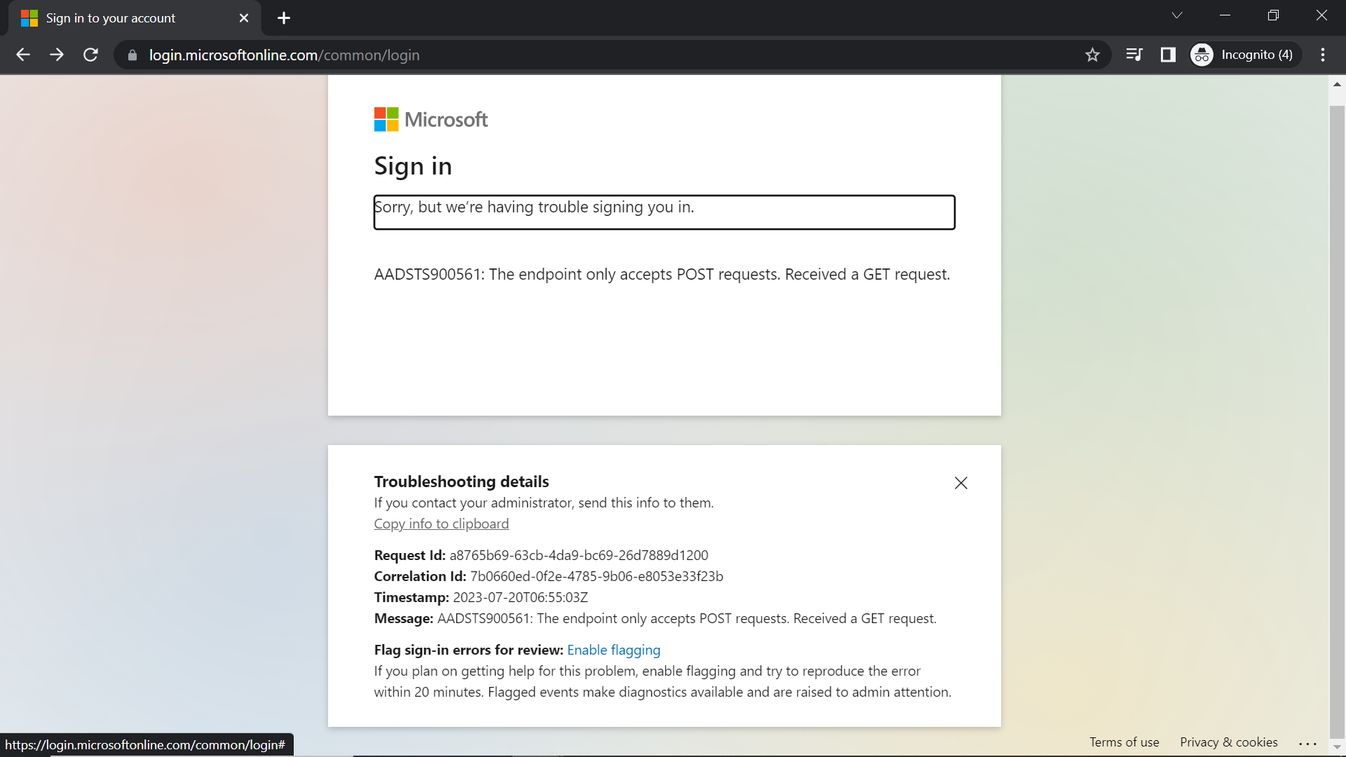 The reply URL specified in the request does not match the reply URLs configured for the ...