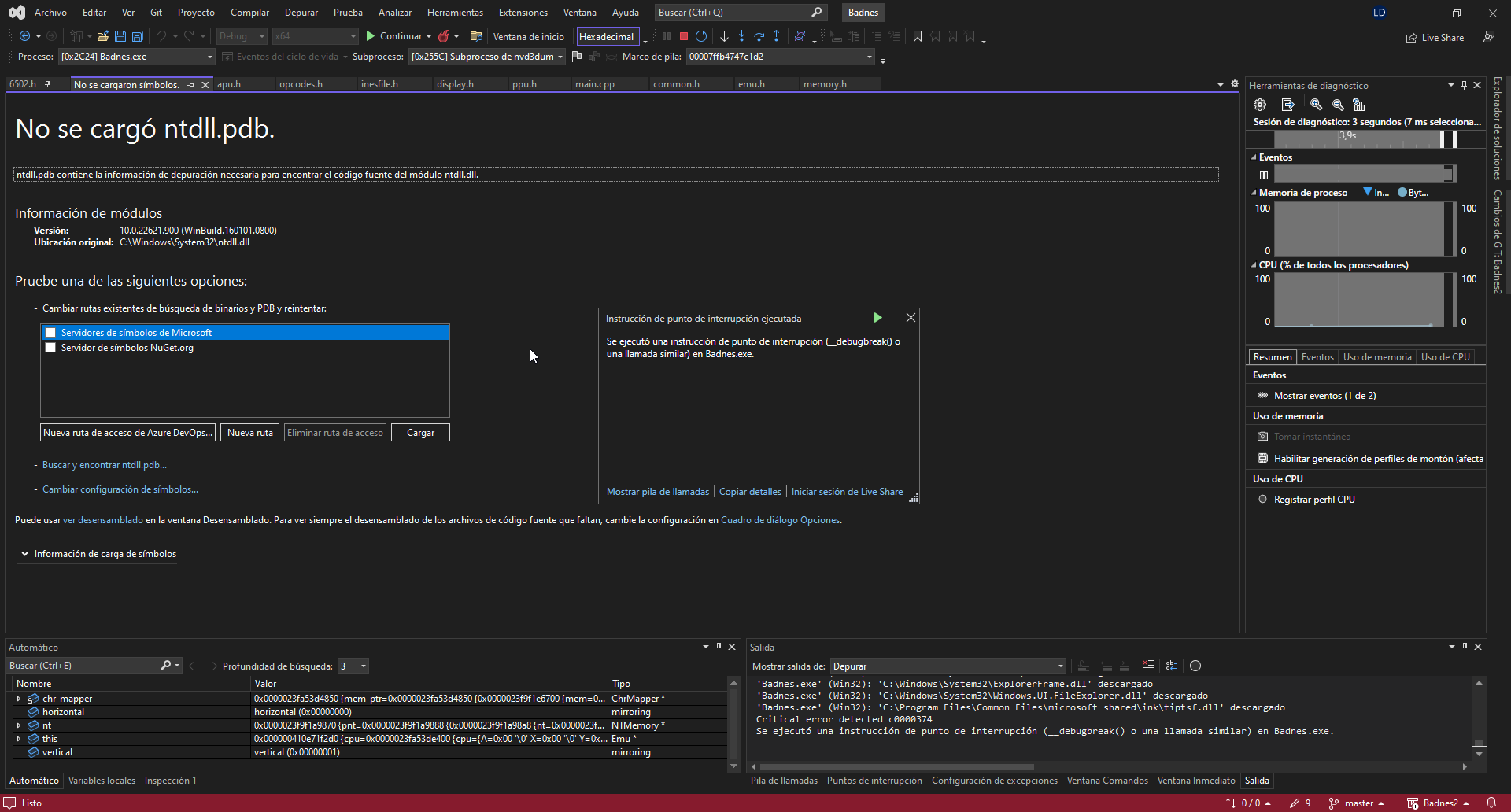 Continiously Breakpoints in ntdll.dll in Visual C++ Visual Studio 2022 Windows 11 - Microsoft Q&A