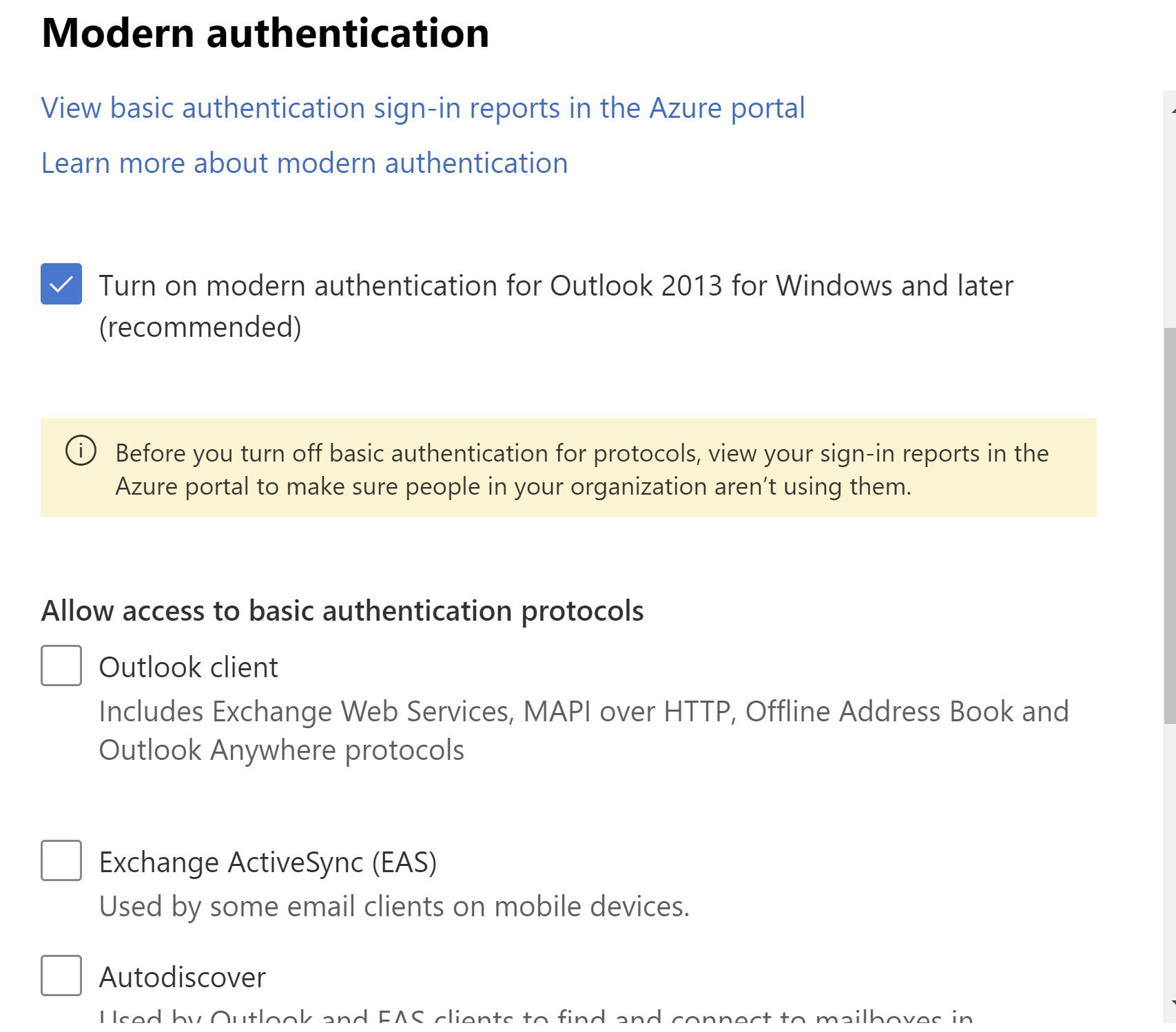 "Modern Authentication" vs "Manage Settings For Email Apps" - Microsoft Q&A