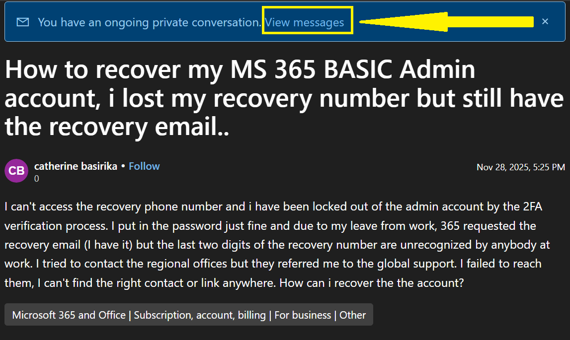 How to recover my MS 365 BASIC Admin account, i lost my recovery number ...
