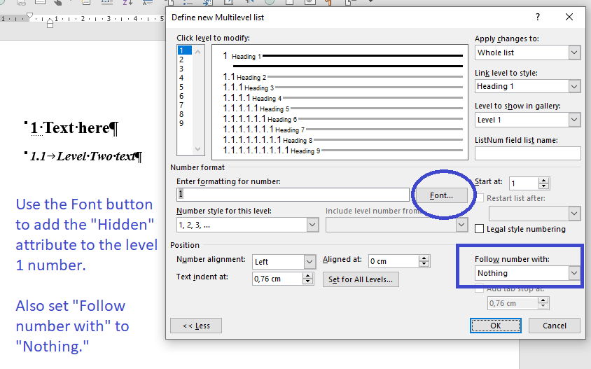 Outline numbering without always including level 1 number? (Word for ...