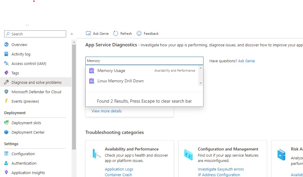 How to collect memory dump from Azure App services? I couldn't see the options in Diagnose and ...
