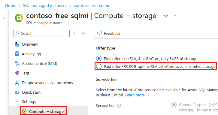 cant scale sql managed instance from free offer to paid offer - Microsoft Q&A