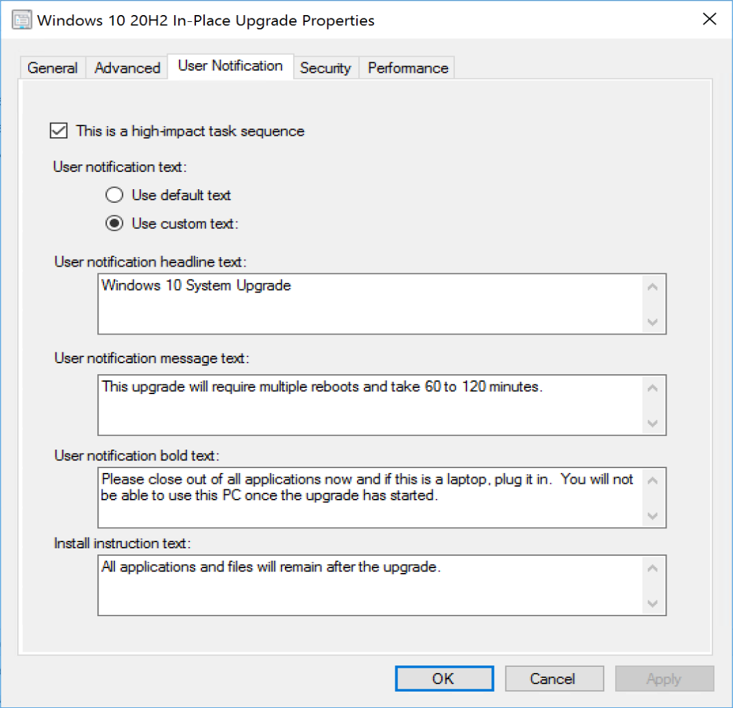 SCCM: Notify users before windows 10 in-place upgrade task sequence - Microsoft Q&A