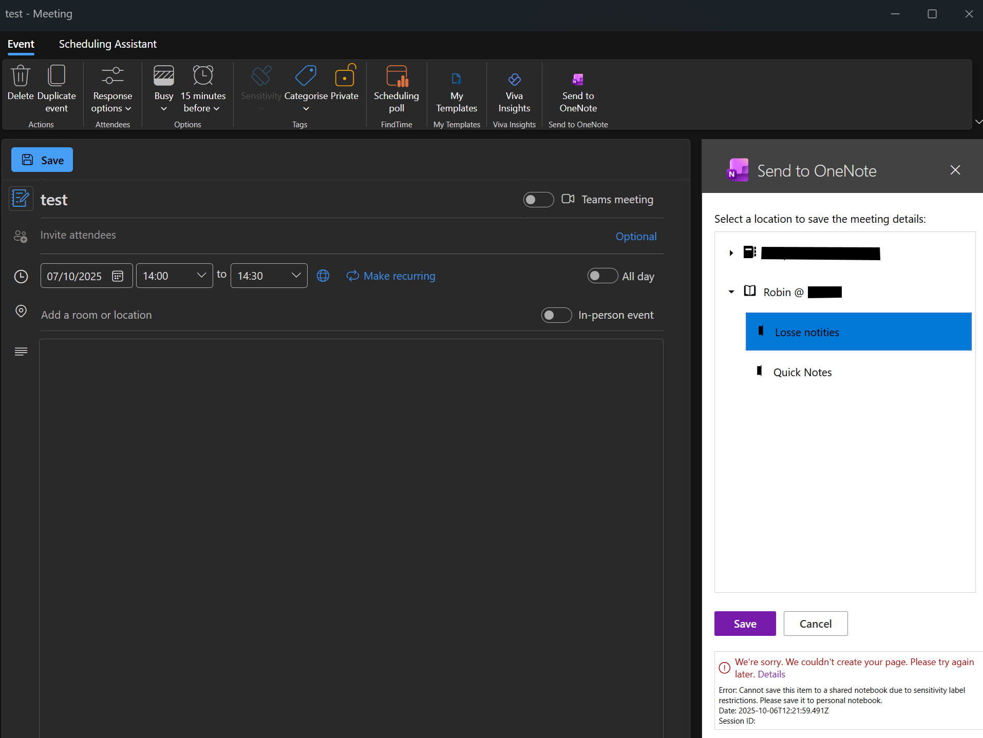Error when using the Send to OneNote feature on meetings/emails in the ...