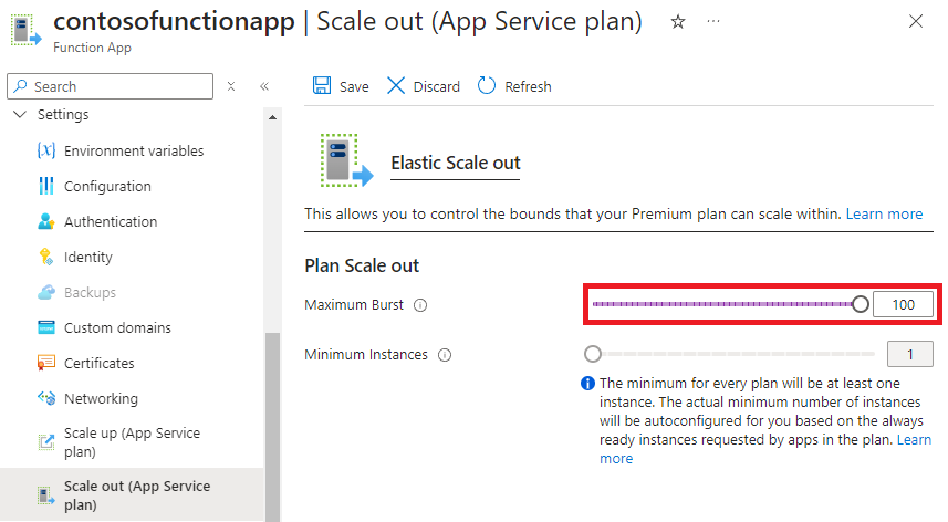 Function app with Elastic Premium service plan won't scale out to 100 instances - Microsoft Q&A