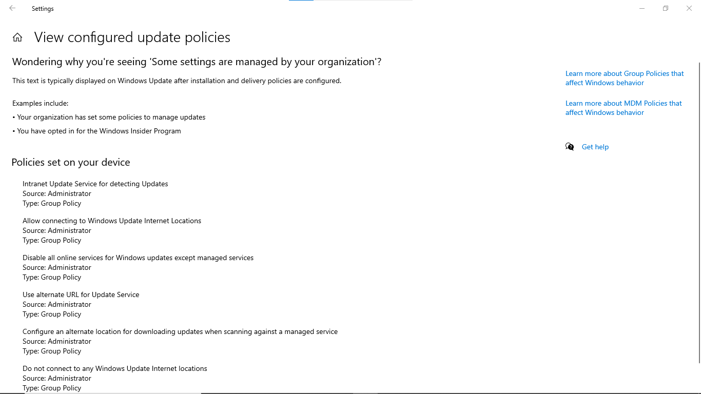 We couldn't connect to the update service - some settings are managed ...