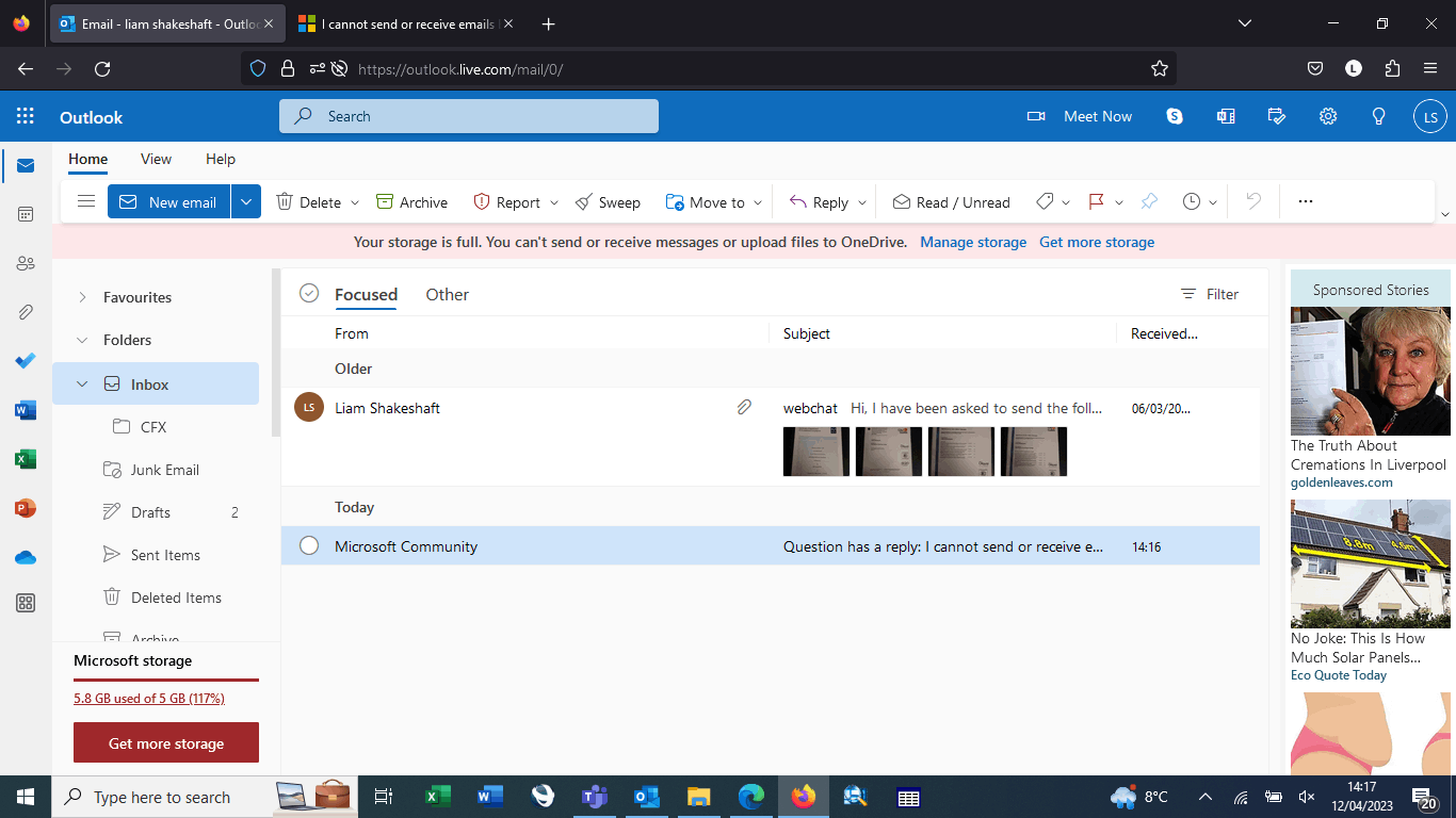 I cannot send or receive emails but still says my storage is full ...