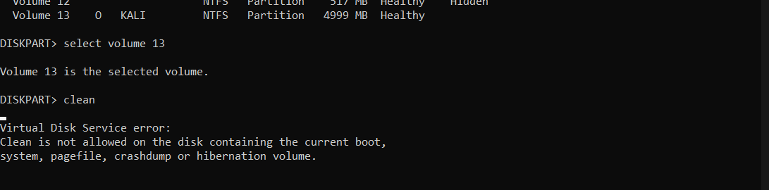Why isnt the diskpart command clean working with my partitions? - Microsoft Q&A