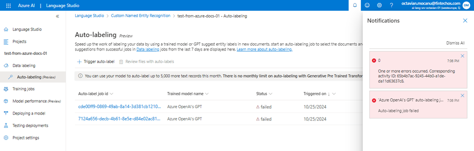 Azure AI - Language Studio – Data Labeling – Auto-label with GPT option - Failed job - Missing ...