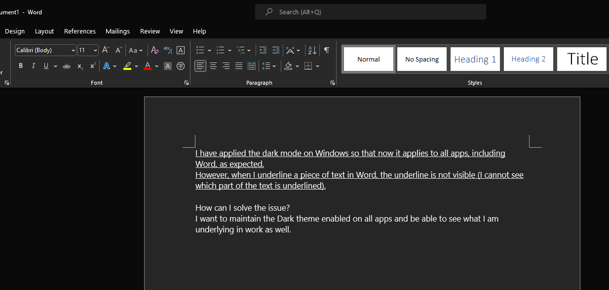 Text underline is not visible in Word with Dark Theme enabled ...