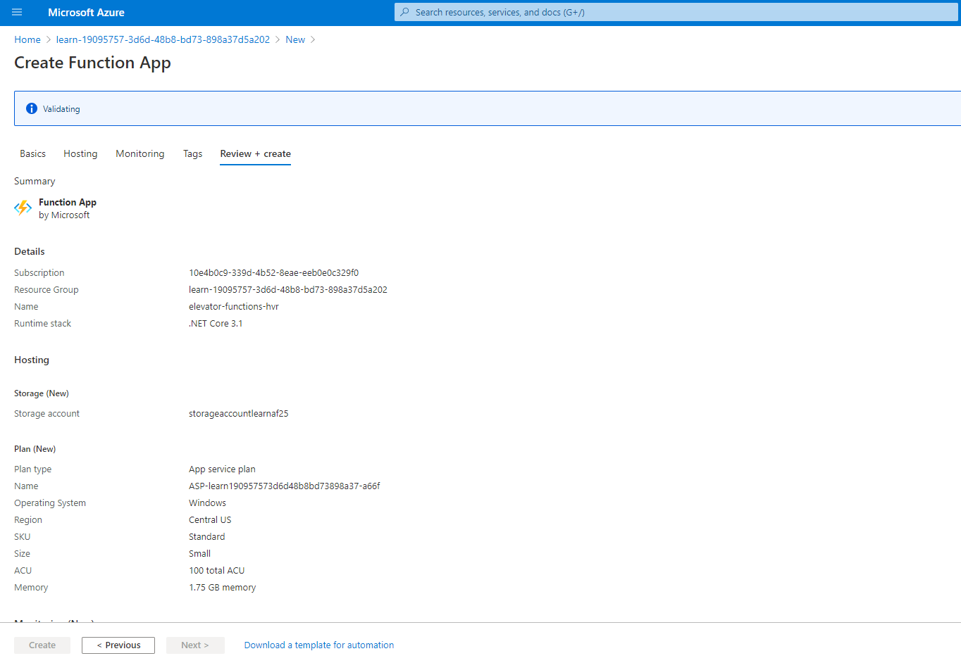 Azure Web App Creation Just Hangs On Last Step Validating Microsoft Qanda
