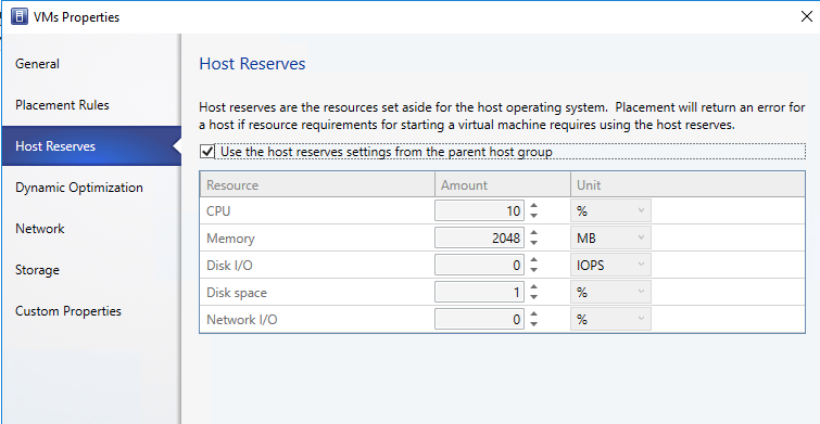 System Center Vmm Host Reserves On Host Groups Values Microsoft Qanda
