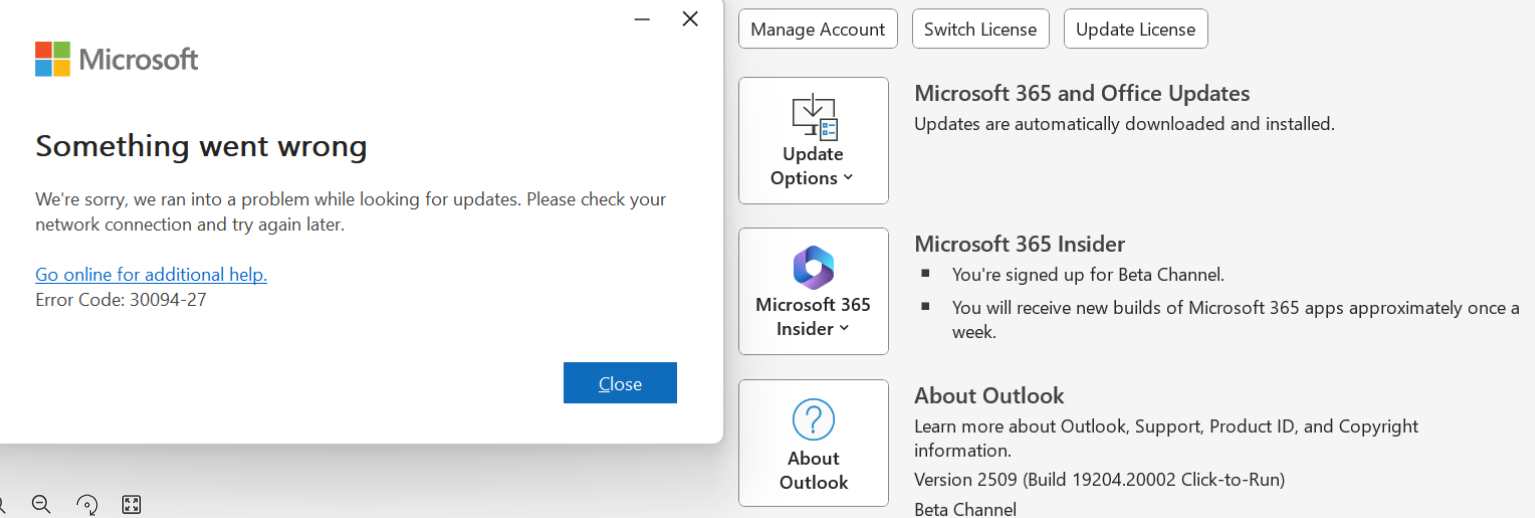 Microsoft 365 Insider Update will not update from Version 2508 (Build 19107.20000) to current ...