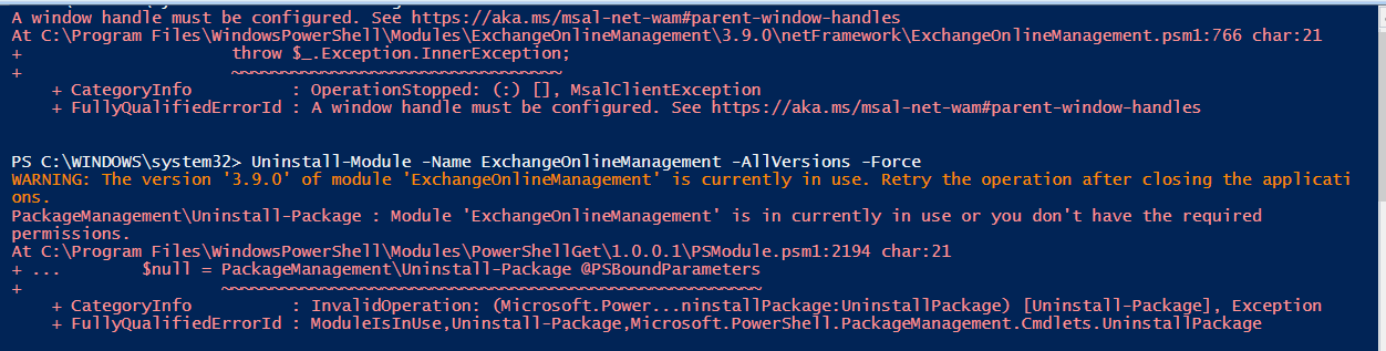 unable to connect exchange online with error A window handle must be ...