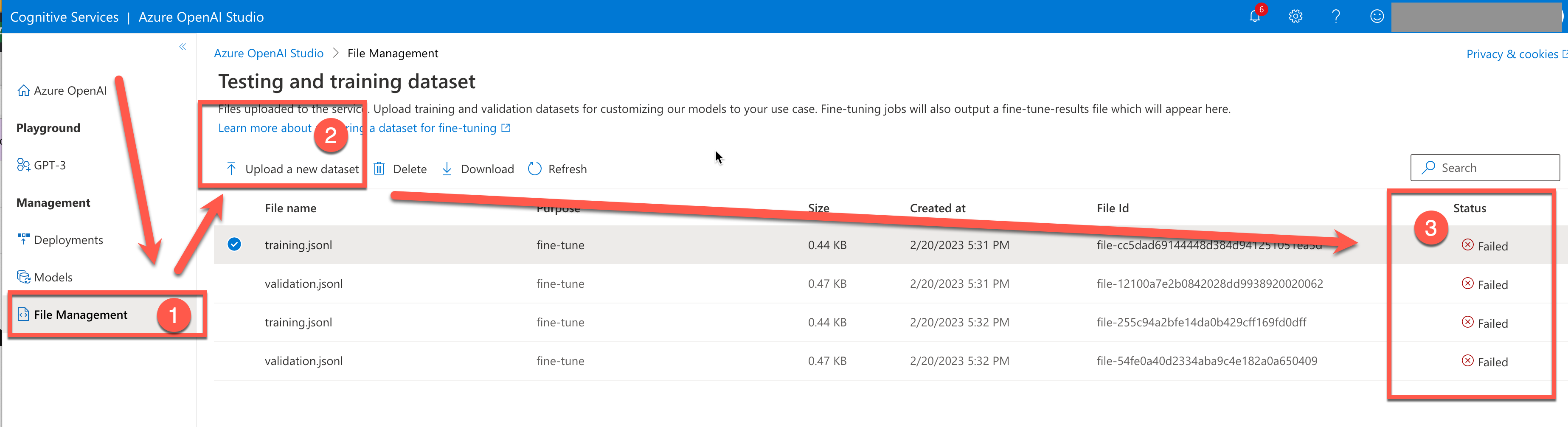 Error with uploaded JSONL dataset: The specified file reference must point to a completed file ...