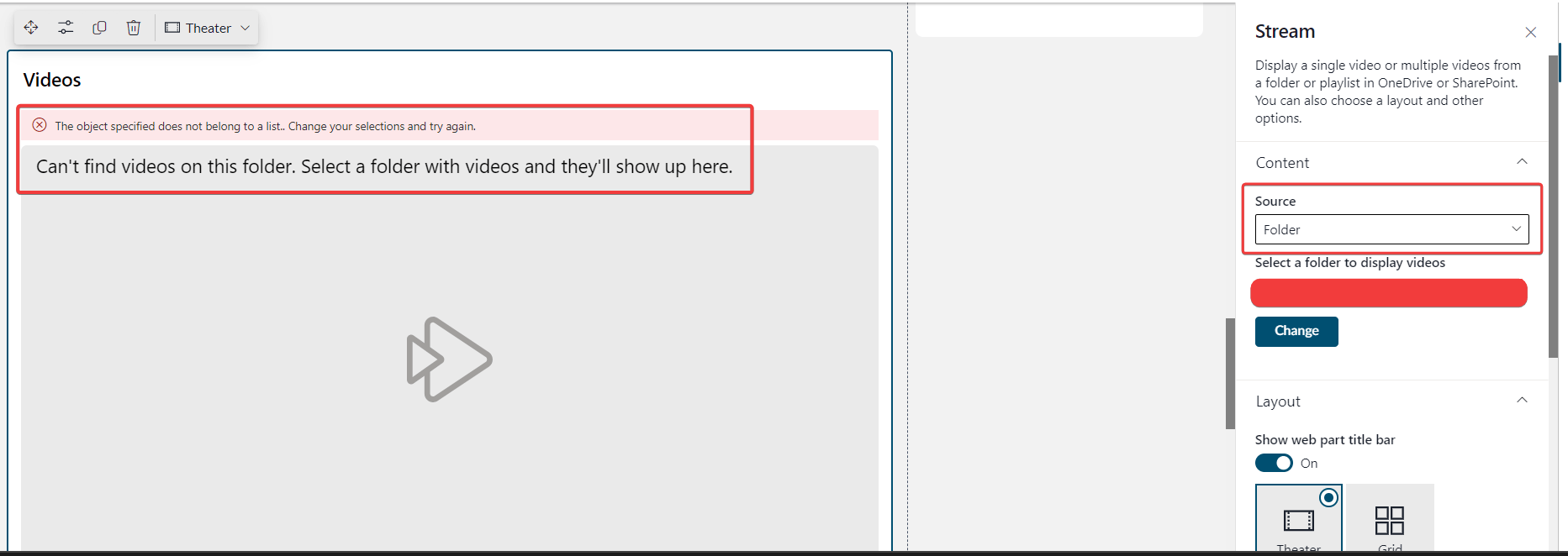 Issue with SharePoint Stream Web Part - Error When Selecting Folder as Source - Microsoft Q&A