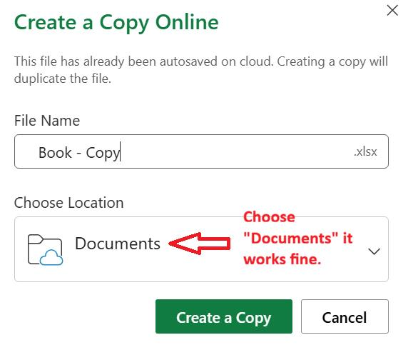 I am unable to create a copy online for one of my excel sheets ...
