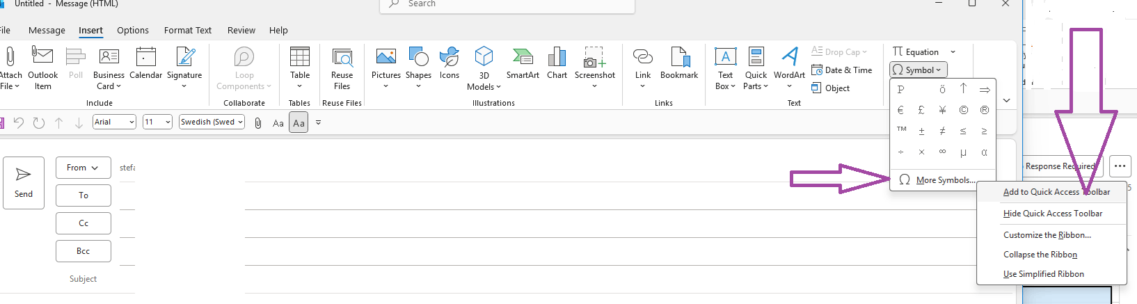 I would like to add "insert symbol" into the insert group in Outlook ...