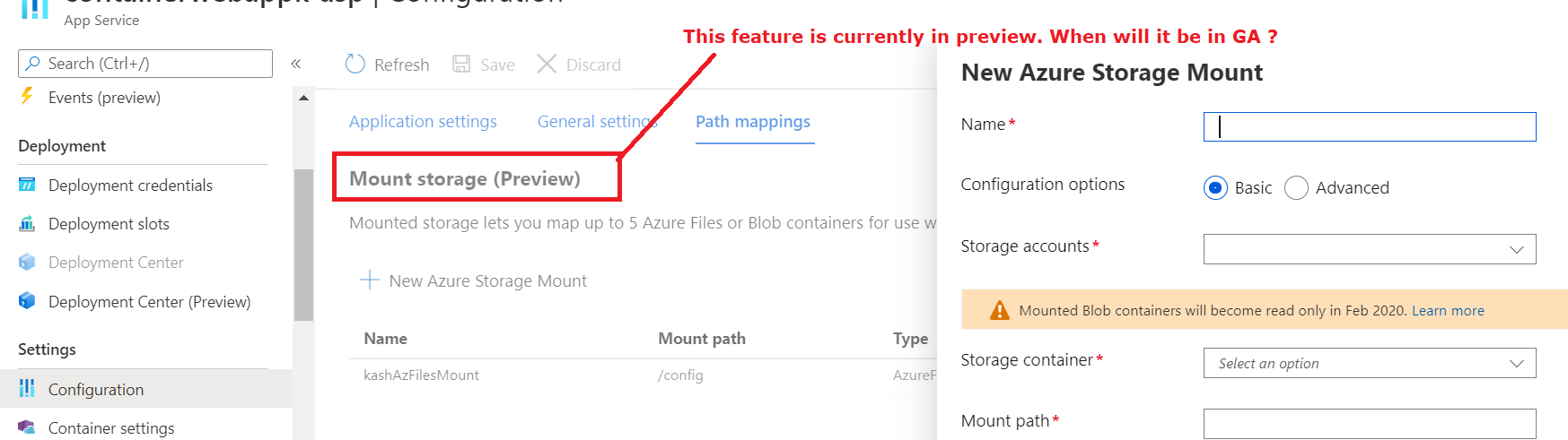 Mounting Fileshare On Azure App Service Container In Preview When Will It Be In Ga