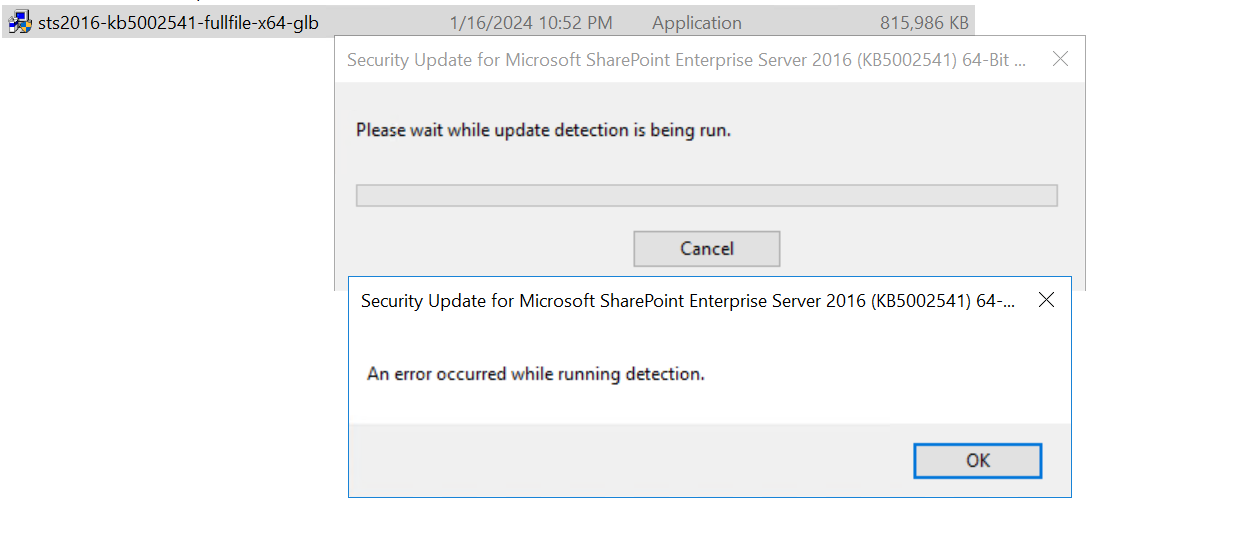 Sharepoint 2016 - Trying to install SharePoint security Patch kb5002541 - Microsoft Q&A