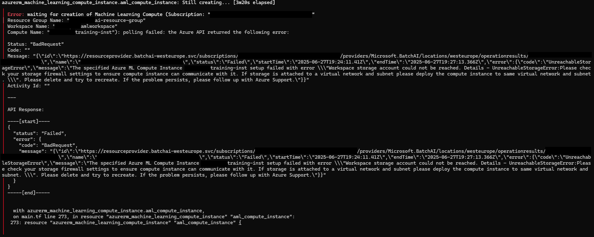 Can't create Compute Instance in Azure Machine Learning Workspace when Storage Account has no ...