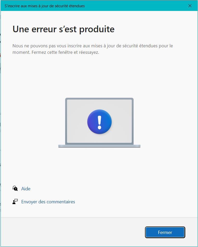 Impossible de s'inscrire aux mises à jour de sécurité étendues ...