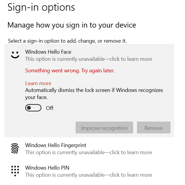 Windows Hello "This option is currently unavailable" - Microsoft Q&A