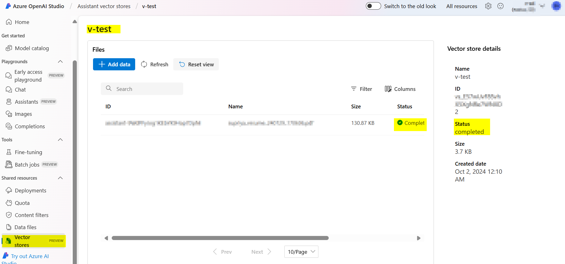 Azure OpenAI Vector Store can't create a new store - Microsoft Q&A
