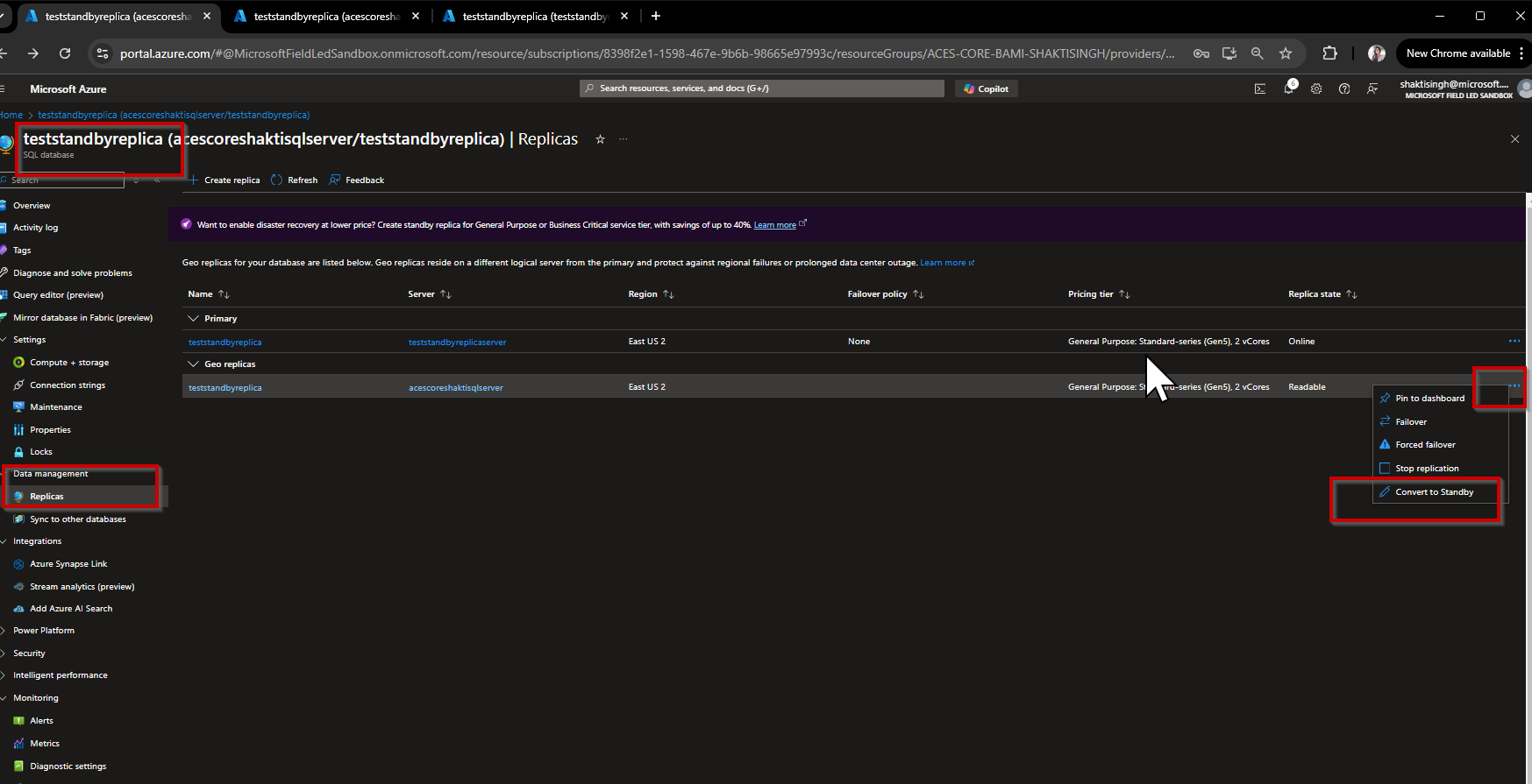 What dont I see the "Convert to Standby" on a Geo Replication setup of ...