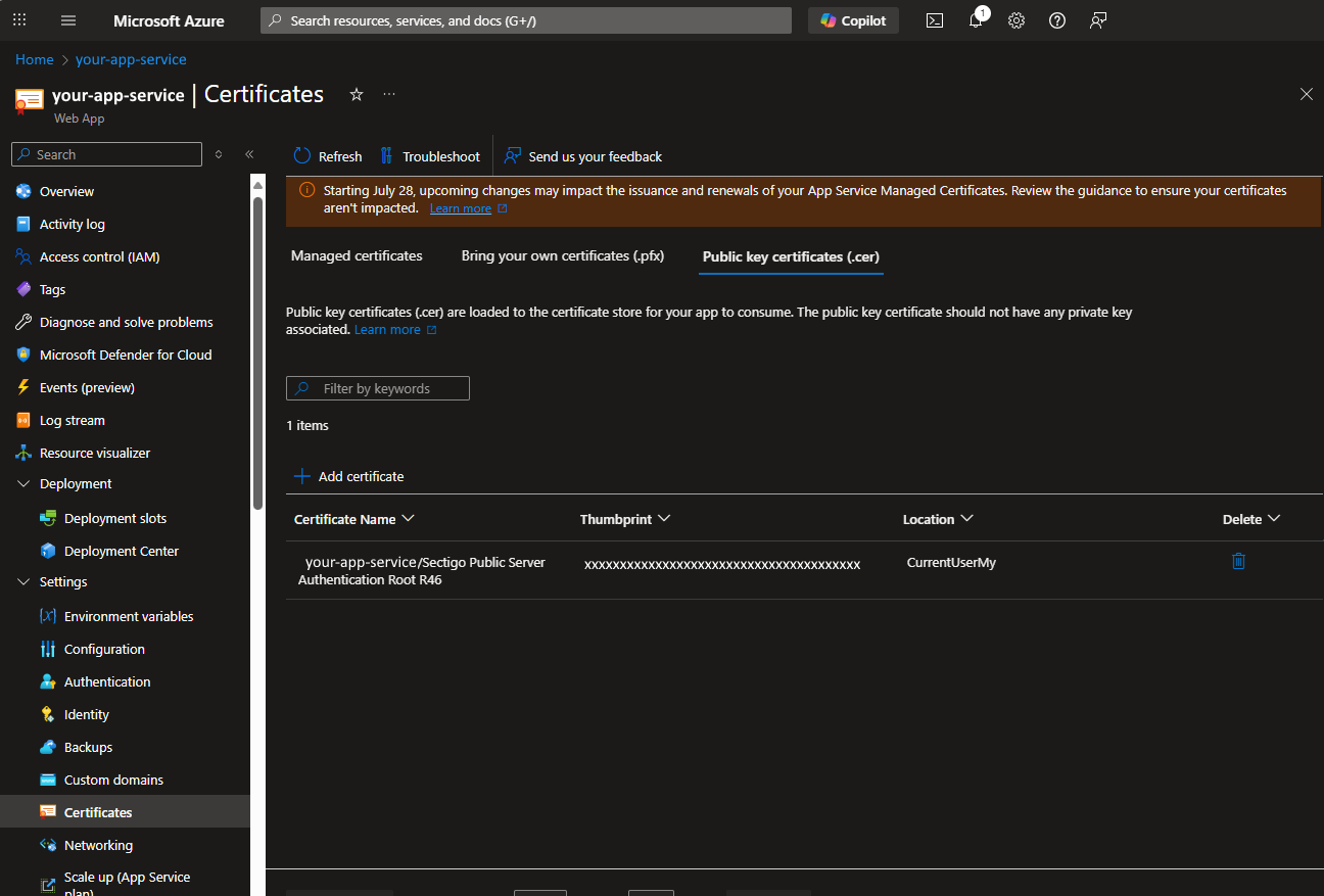 Azure platform is missing the 'new' Sectigo Public Server ...