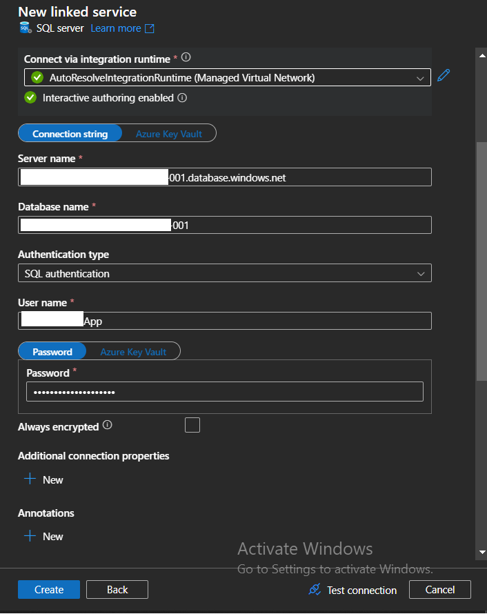 Not able to create a new SQL server linked service using azure data factory - Microsoft Q&A