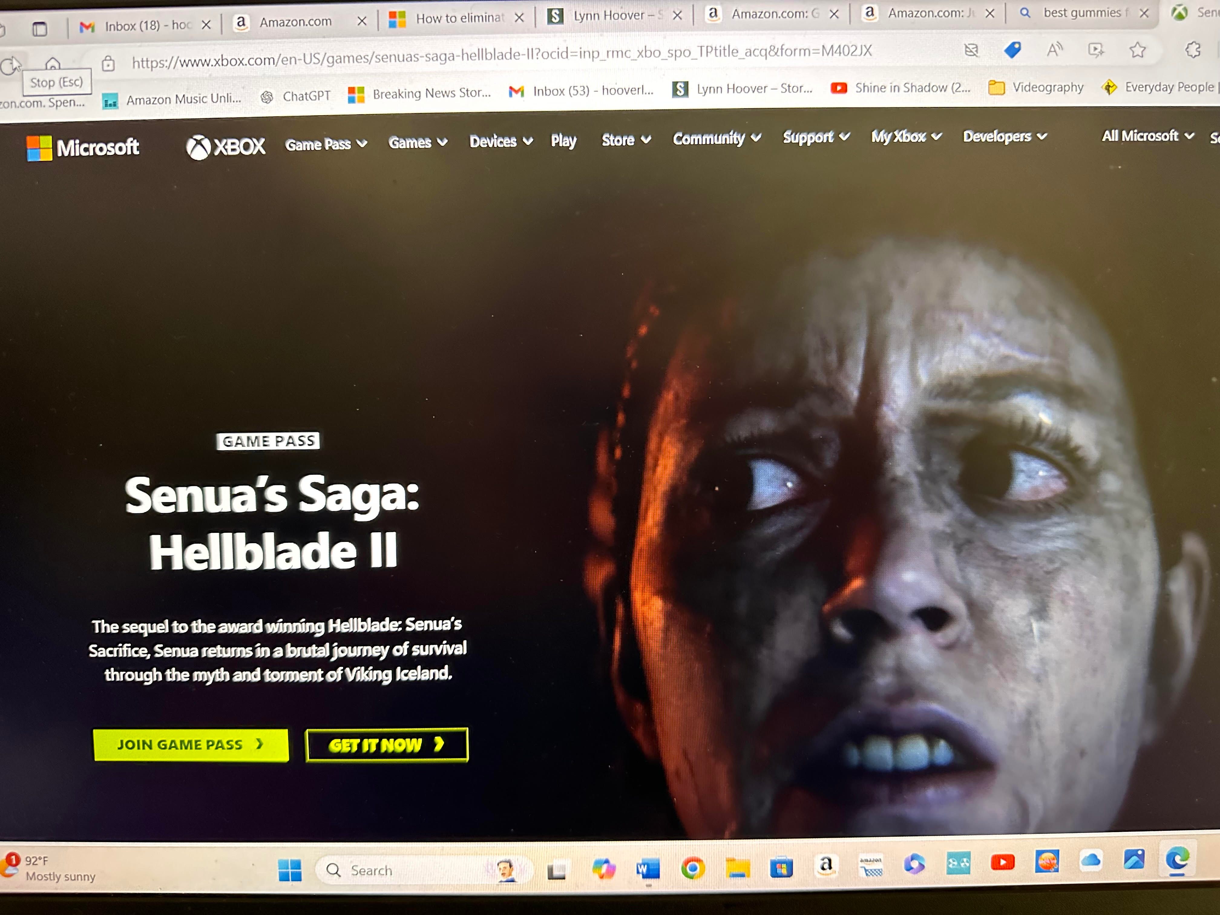 Microsoft Edge shows an XBox ad for SENNA'S SAGE. Horrifying, dripping ...