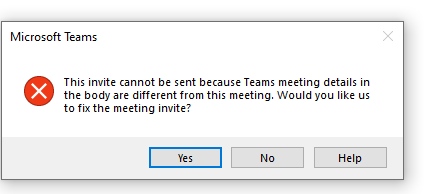 This invite cannot be sent because teams meeting details in the body ...