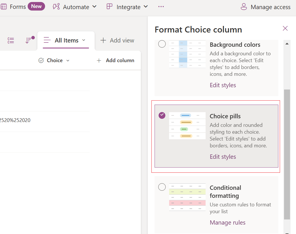 Microsoft Lists - Pill Choices not available as an option in Format ...