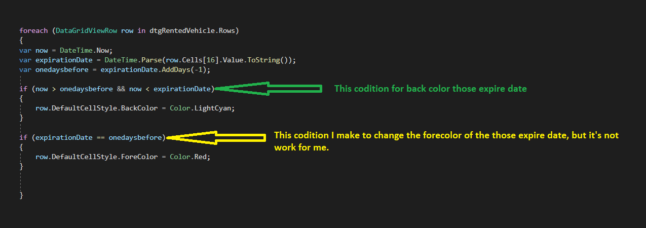 Change forecolor in datagridview where expire date - Microsoft Q&A