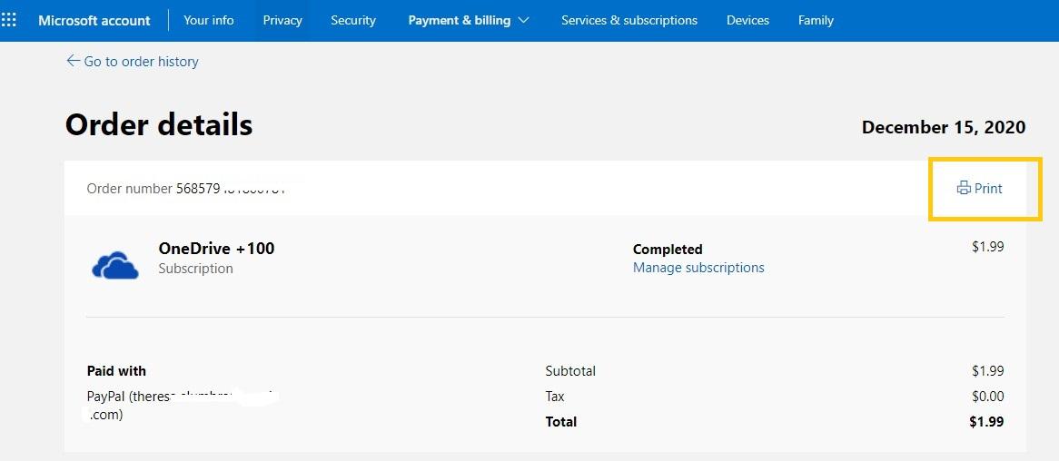 Printing a regular Invoice for subscription to Microsoft 365 Family ...