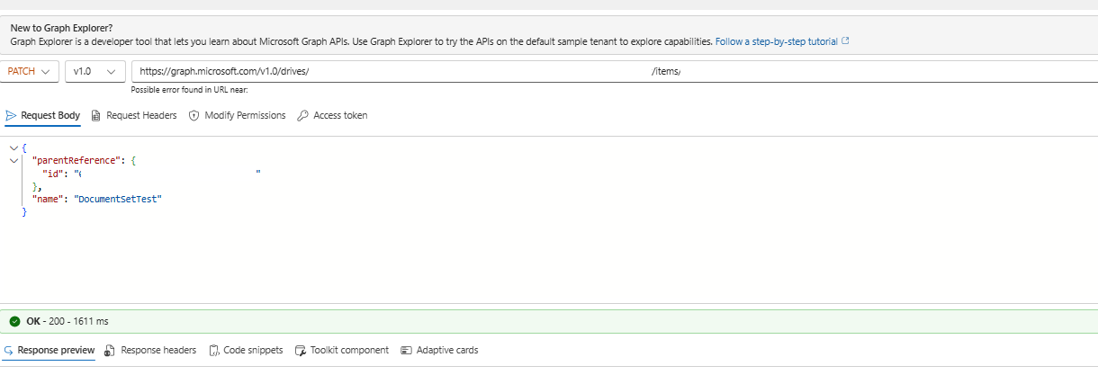 Microsoft Graph API returns "The resource could not be found" error when moving DocumentSet, but ...