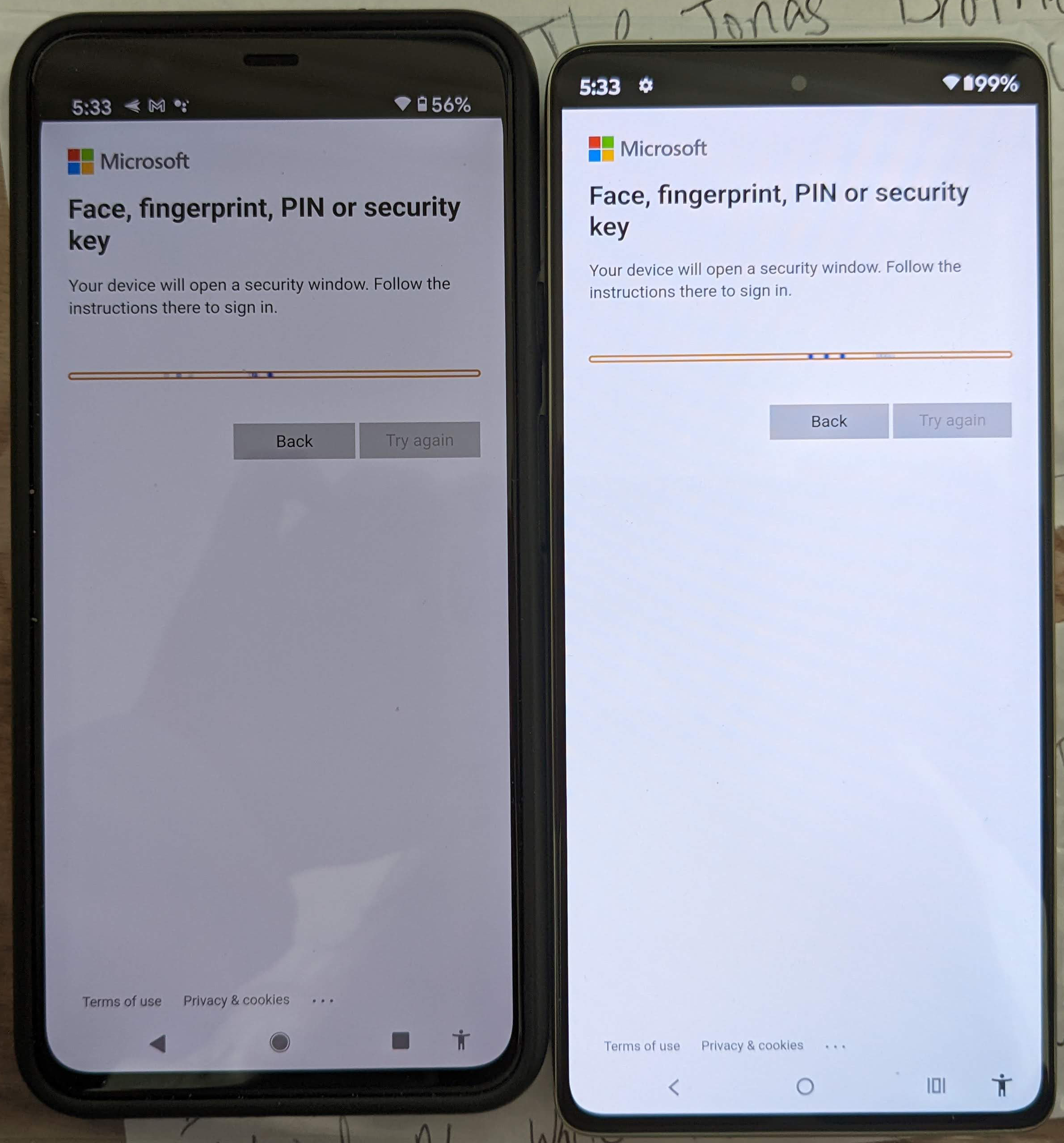 Not able to log in to Microsoft Edge on 2 Android phones. It's just ...