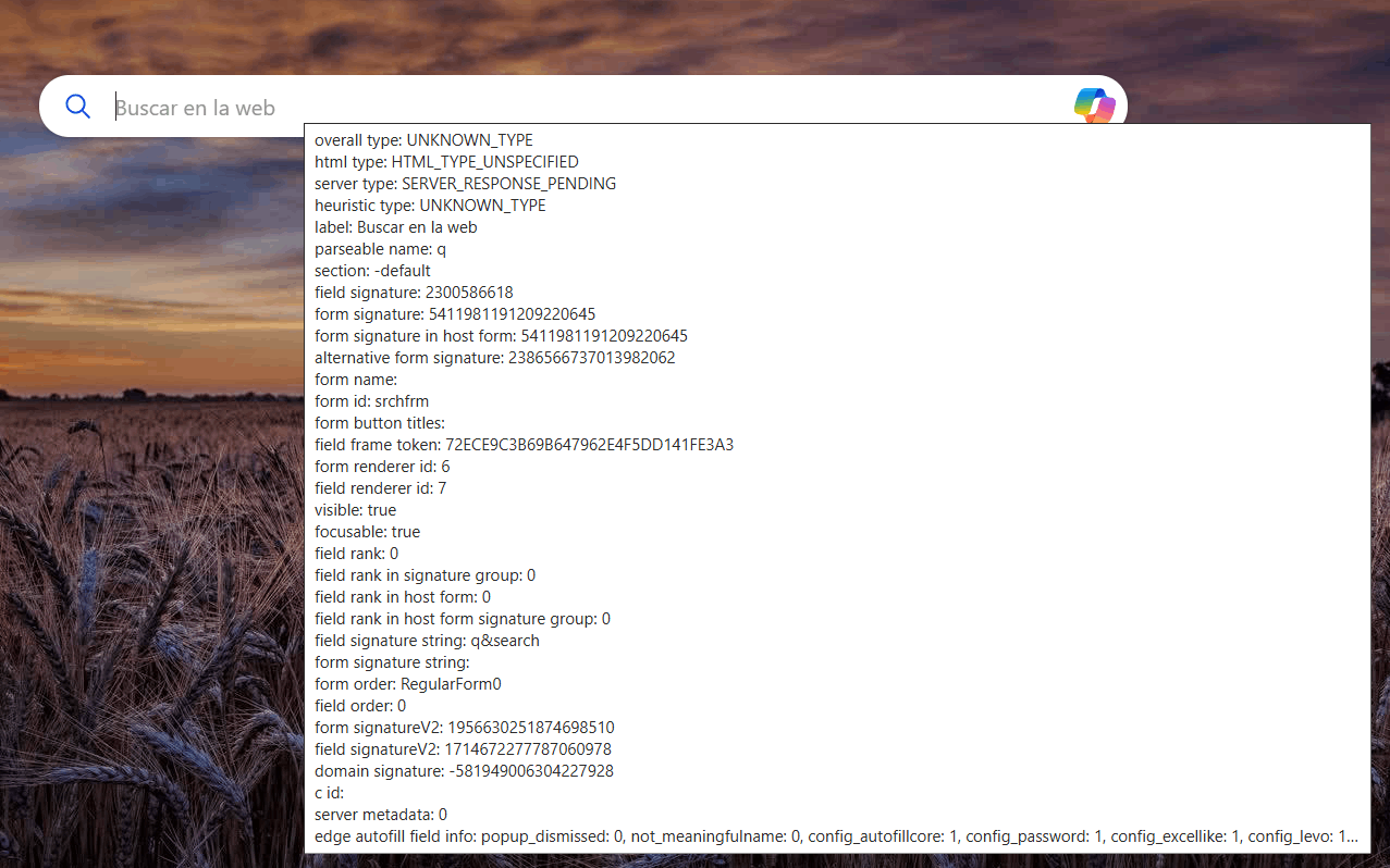 Microsoft Edge esta mostrando un cuadro de datos en todos los campos de ...