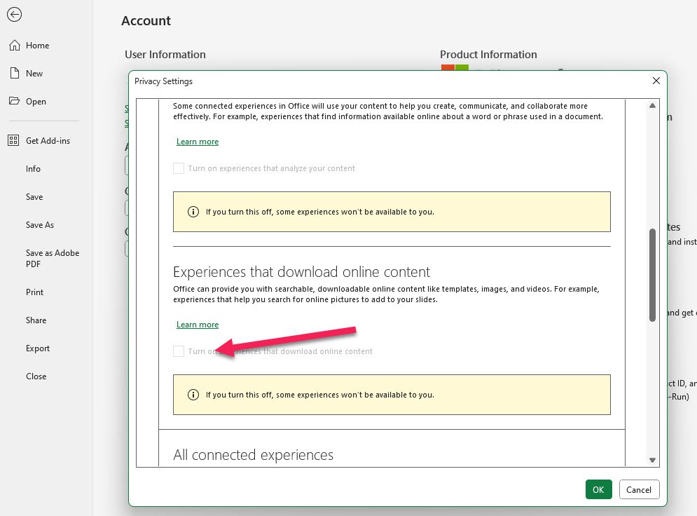 Why in Office 365 Word and Excel the option under Account | Account Privacy | Manage Settings ...