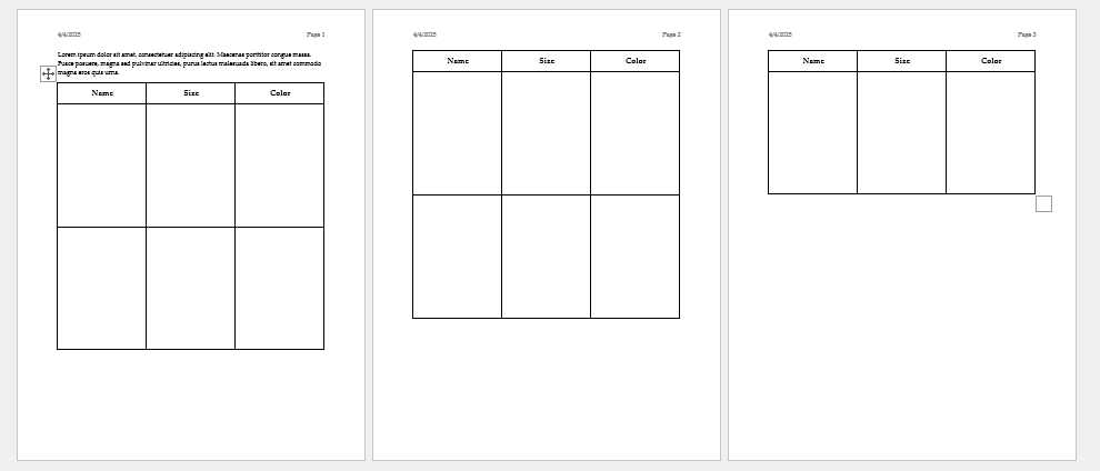 How can I ensure that the page headers are displayed correctly when a table spans multiple pages ...