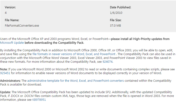 Where to download the Microsoft Office Compatibility Pack for 2003 from ...