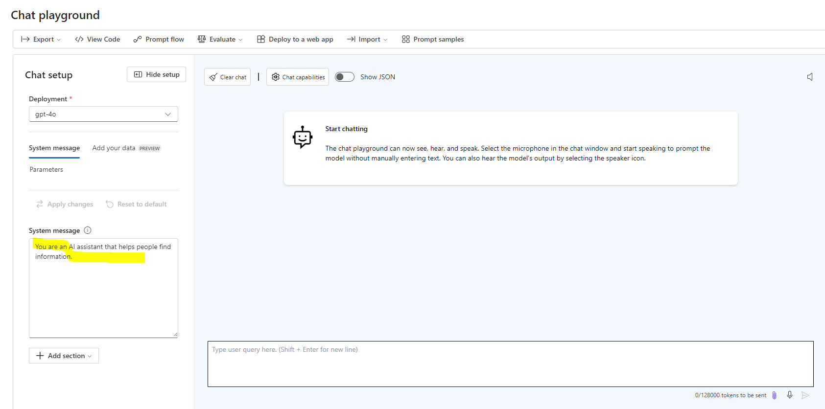 Unable to edit the default System Messages in Azure AI Chat Playground. - Microsoft Q&A