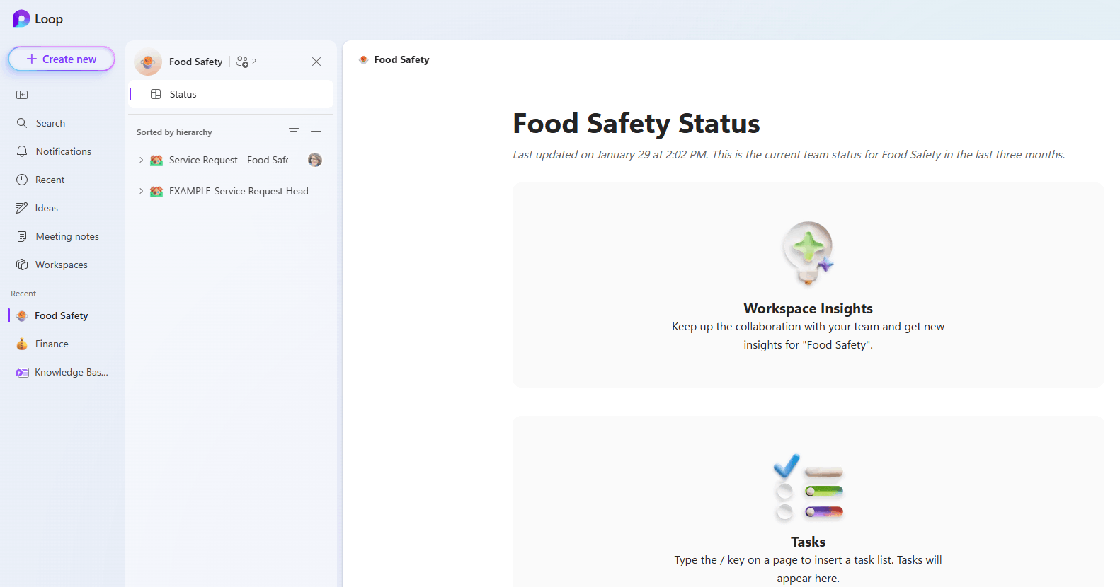 Why is the status in a workspace not displaying any insights, tasks ...