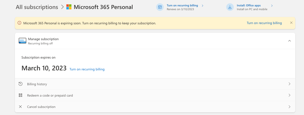 I cannot turn on recurring billing for MS 365 Personal - Microsoft Q&A