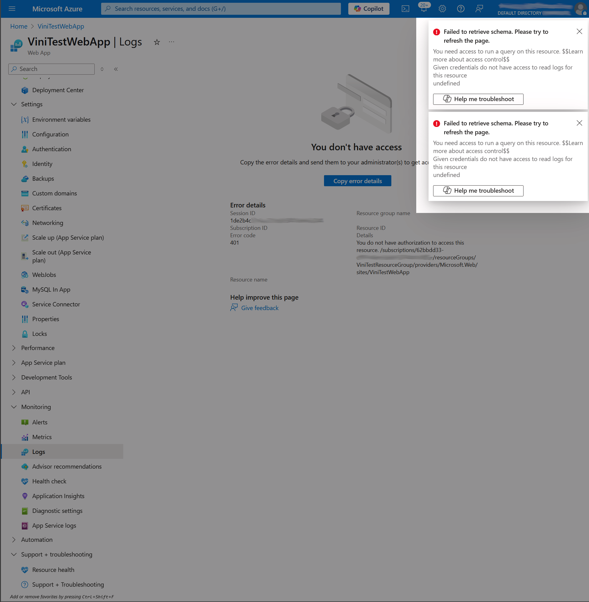 Permission problems when accessing web app Logs - Microsoft Q&A