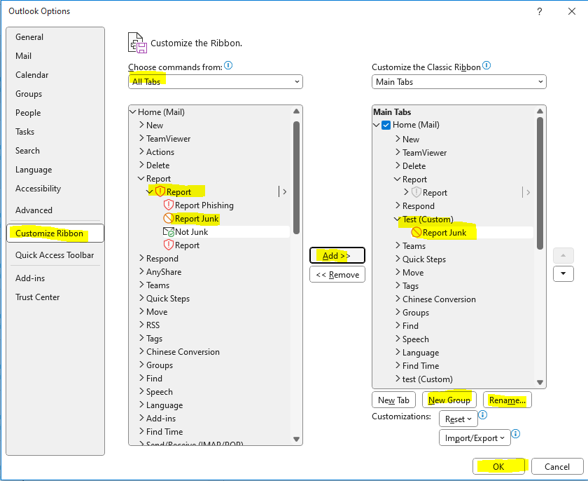 How can i remove only the "Report Phishing" Button from Outlook Classic ...
