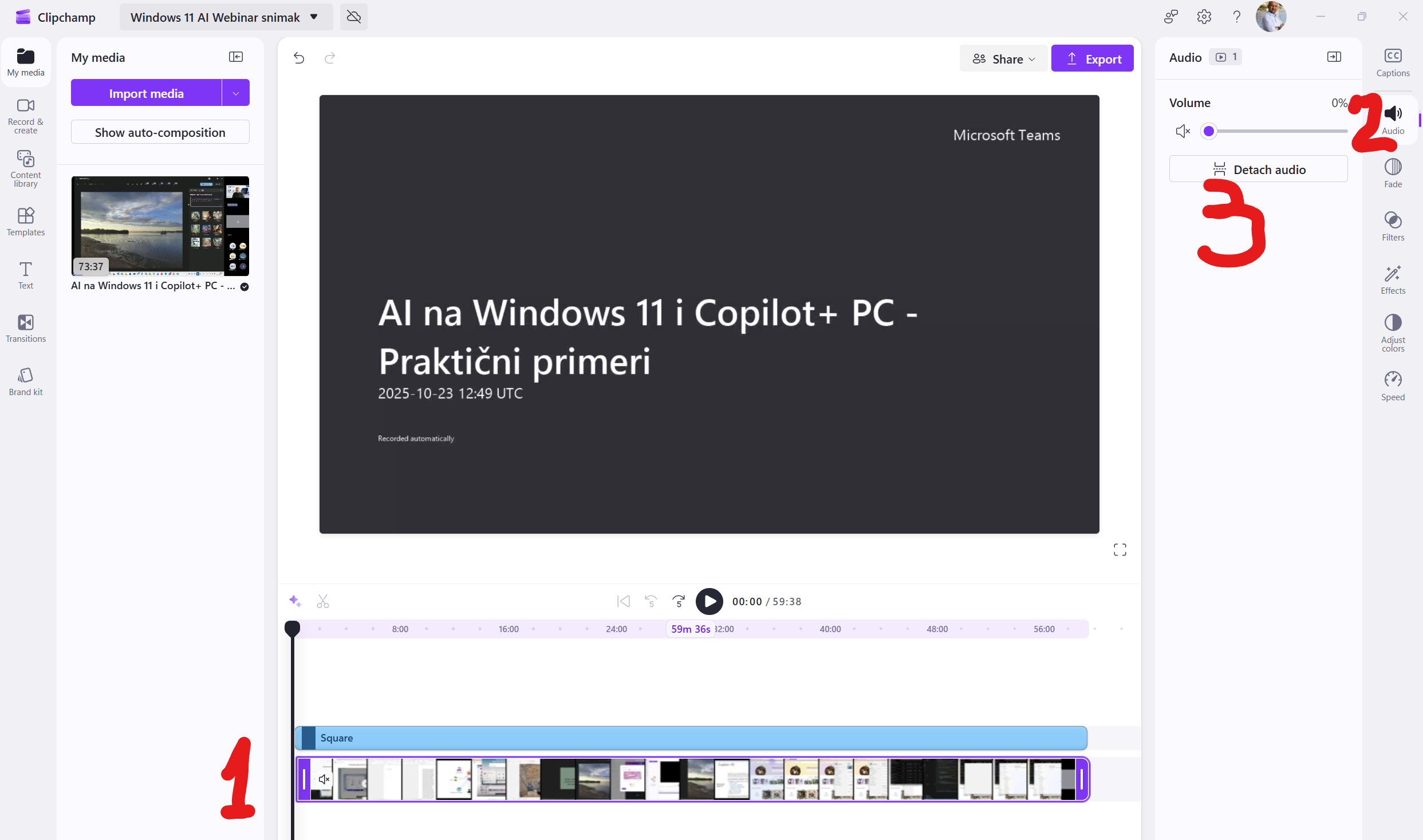 Clipchamp has no option to detach audio! No options in right panel ...