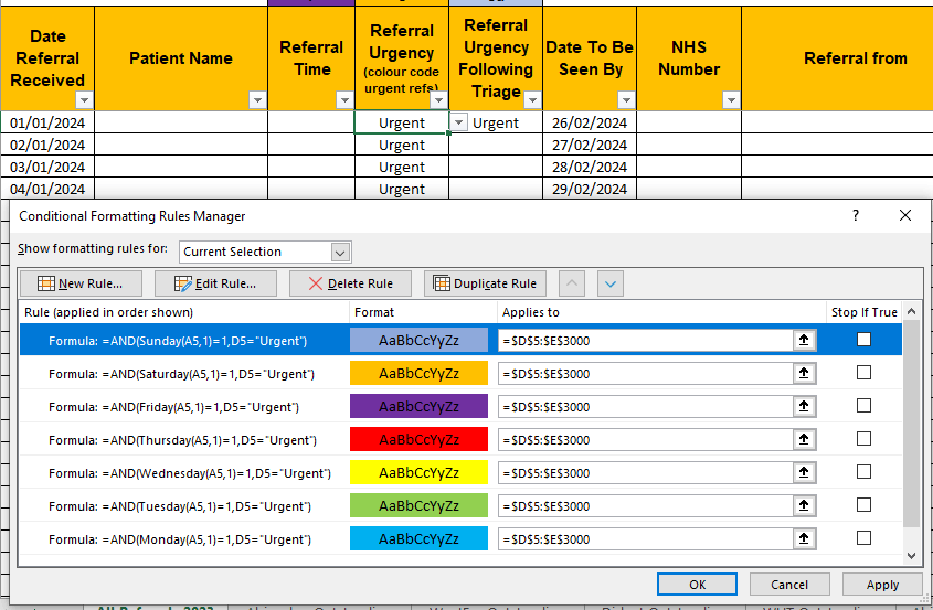Change colour of cell based on day of week and certain word ...
